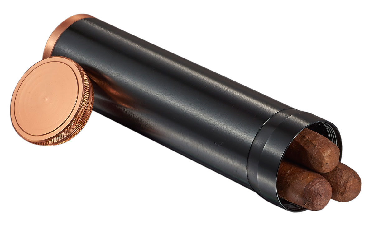Visol Carlos Jr Travel Cigar Case - Black and Copper - Holds 3 Cigars