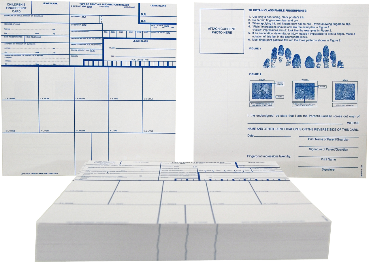 These Child Fingerprint Record Cards are used for child fingerprinting ...
