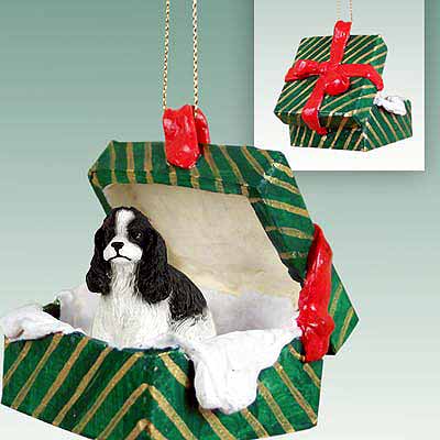 Cocker Spaniel Gift Box Christmas Ornament Black-White | Animalden.com