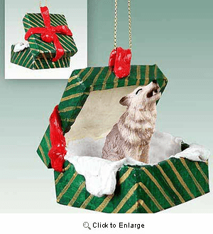 Gray Wolf Gift Box Christmas Ornament | Animalden.com
