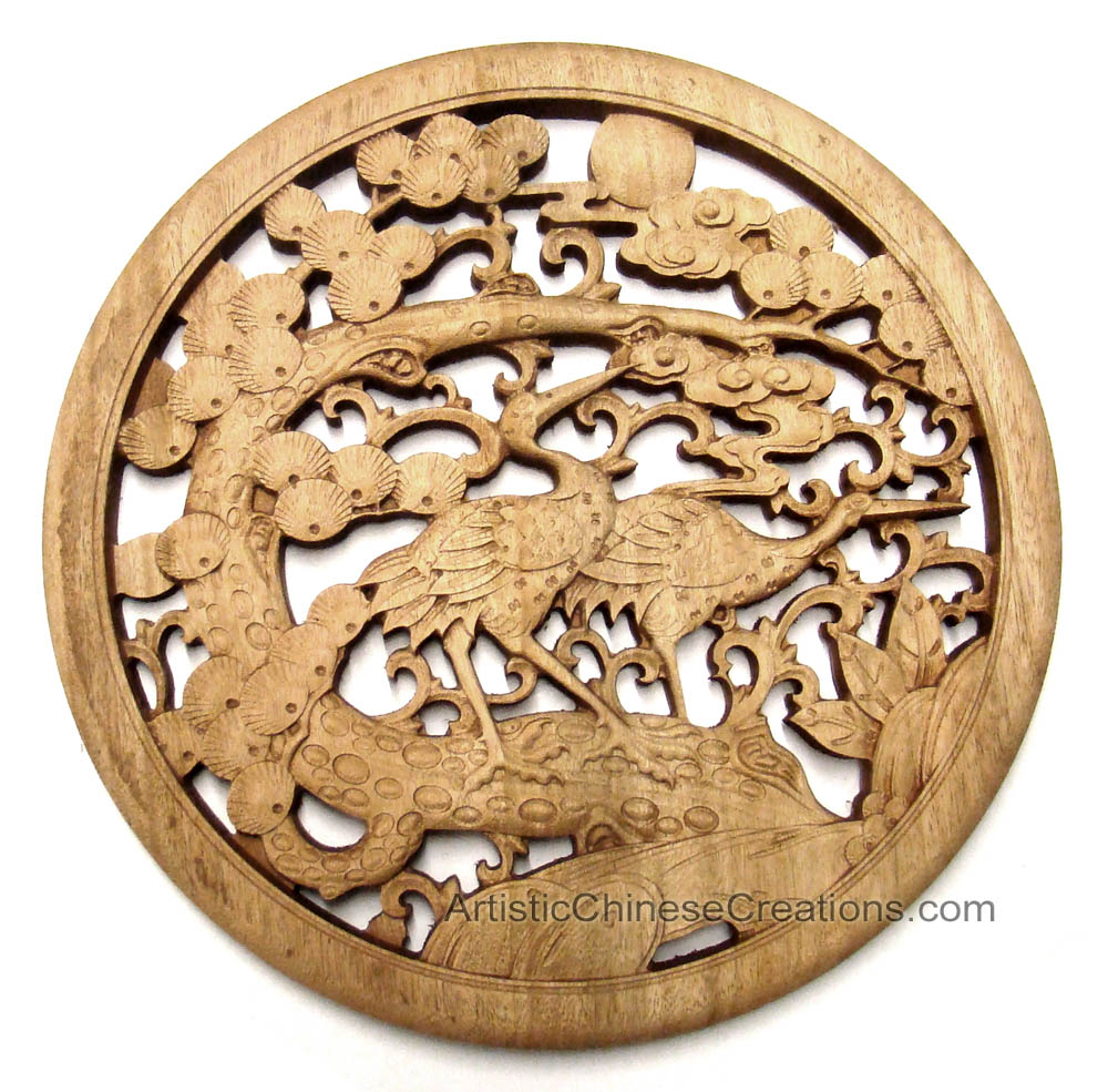 Carved Chinese Wood Plaque - Cranes & Pine Tree, Chinese Wooden Crafts ...