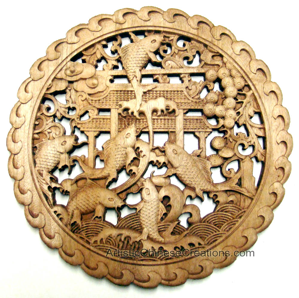 Carved Chinese Wood Plaque - Fish / Wealth, Chinese Wall Decor, Chinese ...