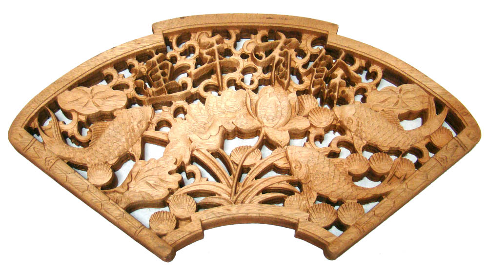 Carved Chinese Wood Plaque - Fish & Lotus / Wealth Symbols, Chinese ...