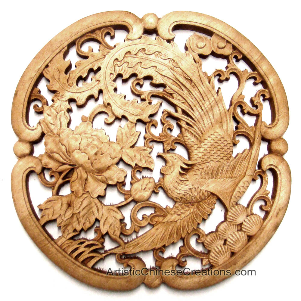 Carved Chinese Wood Plaque - Phoenix & Peony, Chinese Wood Carving ...