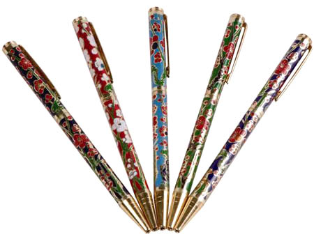 Chinese Cloisonne Pen Set - Flowers, Chinese Office & Stationary
