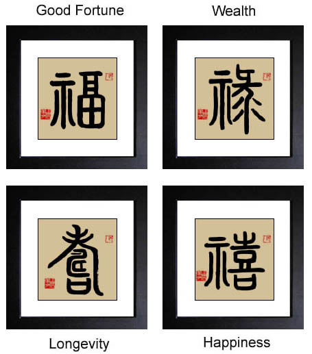 Framed Chinese Art - Chinese Calligraphy Symbols: Good Fortune ...