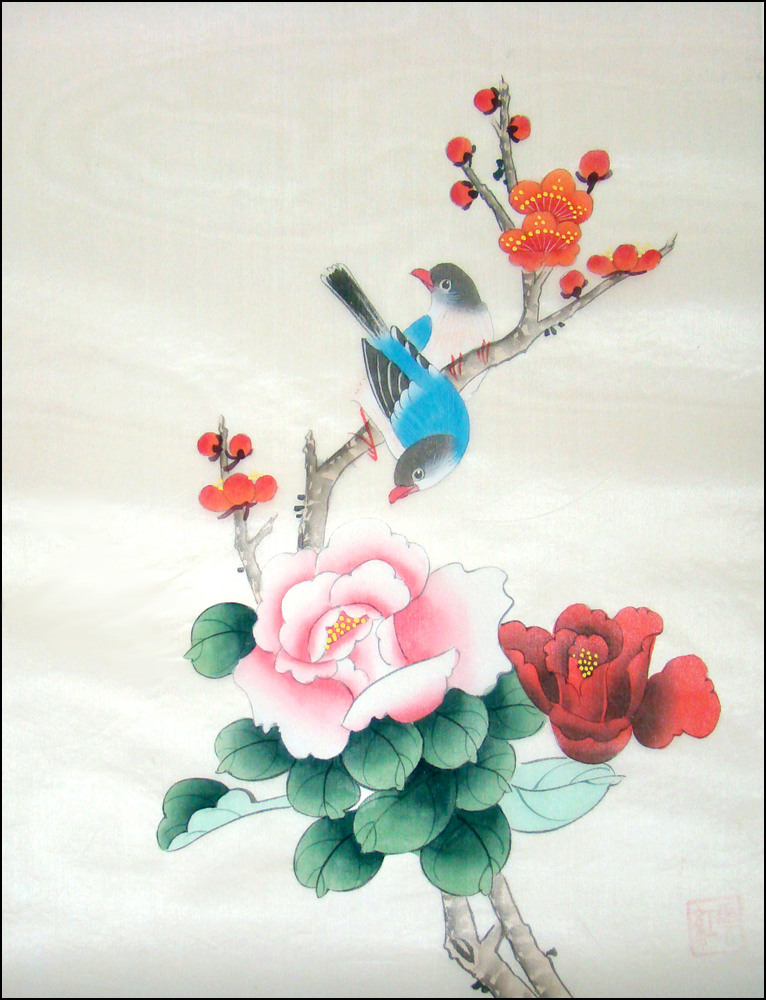 Chinese Silk GongBi Painting - Birds & Flowers / Happy Couple