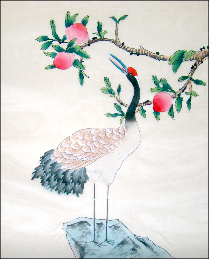 Chinese Silk GongBi Painting - Crane & Peach Tree / Longevity, Chinese ...