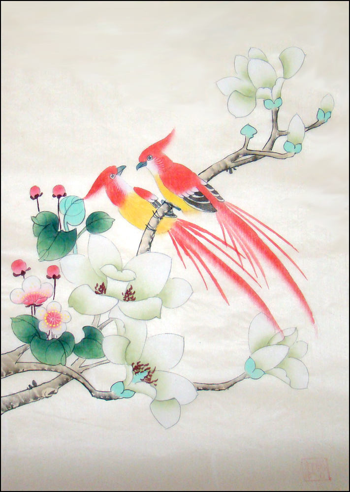 Chinese Silk GongBi Painting - Birds & Flowers, Asian Silk Paintings ...