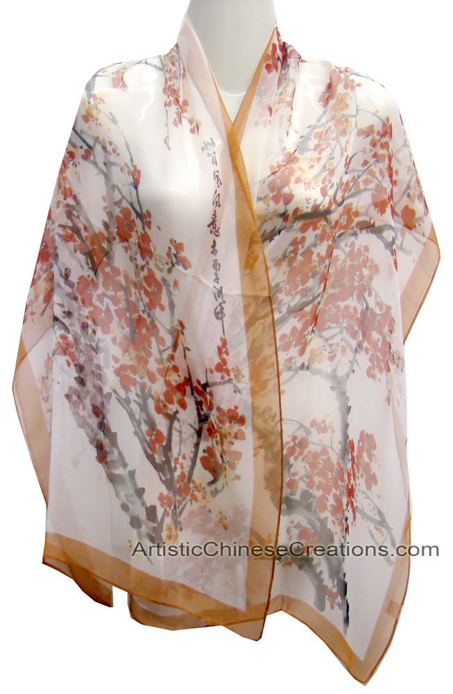 Chinese Silk Scarf - Cherry Blossom & Chinese Calligraphy, Asian Scarf ...