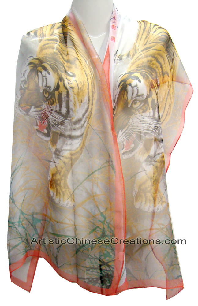 Chinese Silk Scarf - Tiger, Oriental Silk Wraps, Chinese Clothing