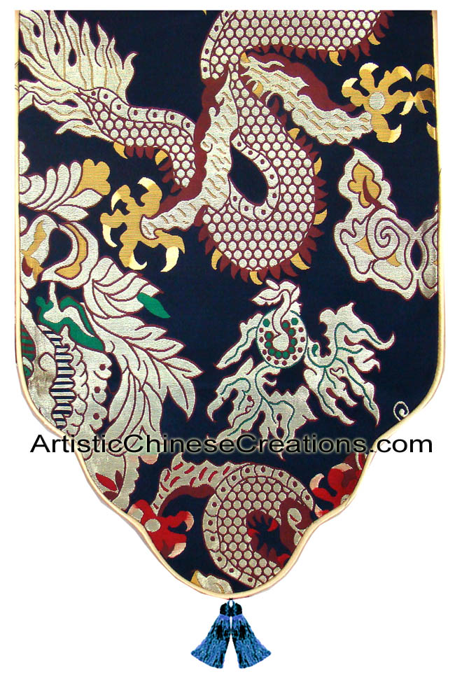 Chinese Silk Table Runner - Dragon Symbols, Asian Home Decor