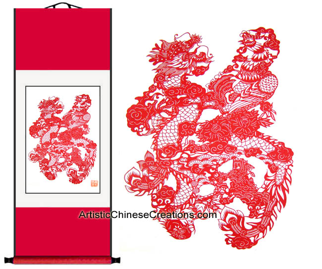 Chinese Wall Scroll - Paper Cuts: Dragon & Phoenix / Good Fortune ...