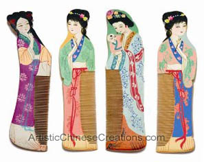 Chinese Wood Combs, Asian Wooden Combs, Hand Painted Oriental Combs