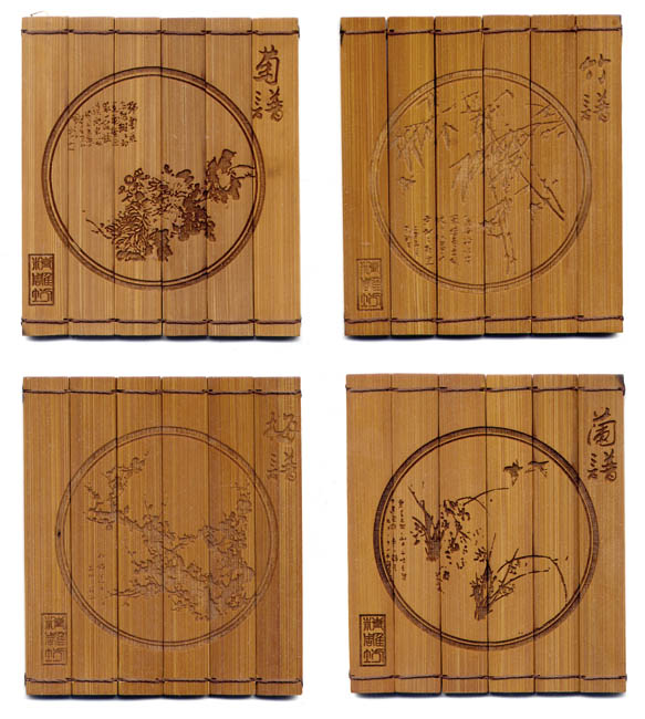 Engraved Chinese Bamboo Coasters - Four Flowers (Set of 4), Chinese ...