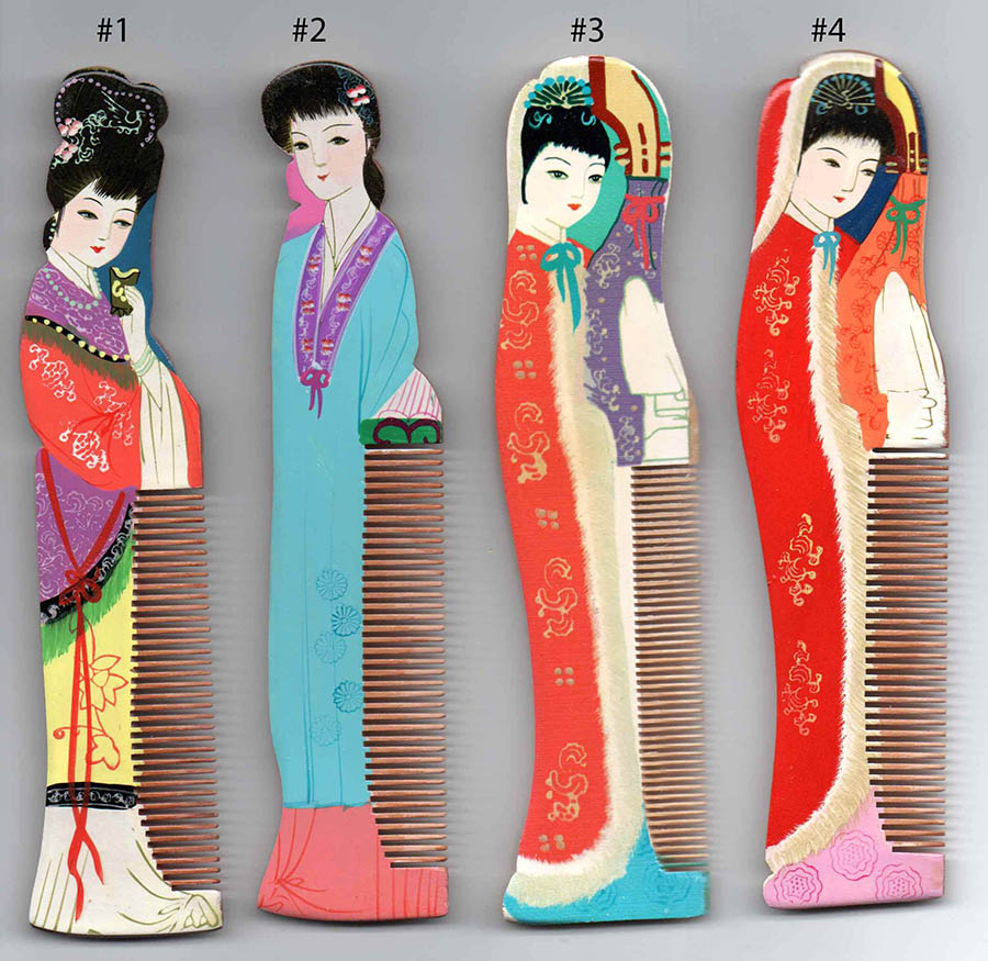 Hand Painted Chinese Wood Comb - Maidens, Asian Wooden Combs