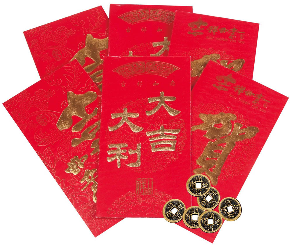 Traditional Chinese Red Envelopes with Coins, Chinese New Year Gifts