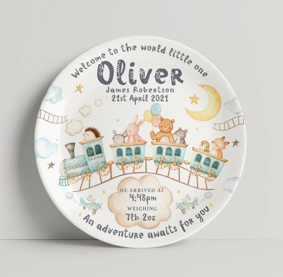 personalized baby plate - train animals featured at babybox.com