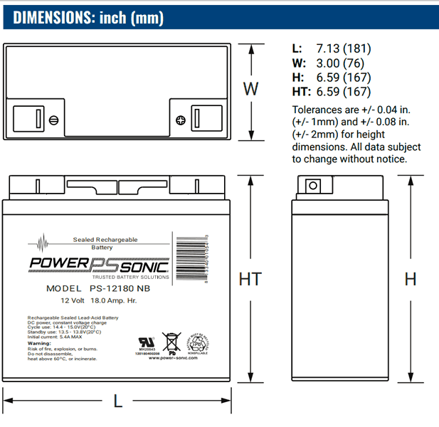 POWER-SONIC PS-12180F2 12-Volt 18-AH