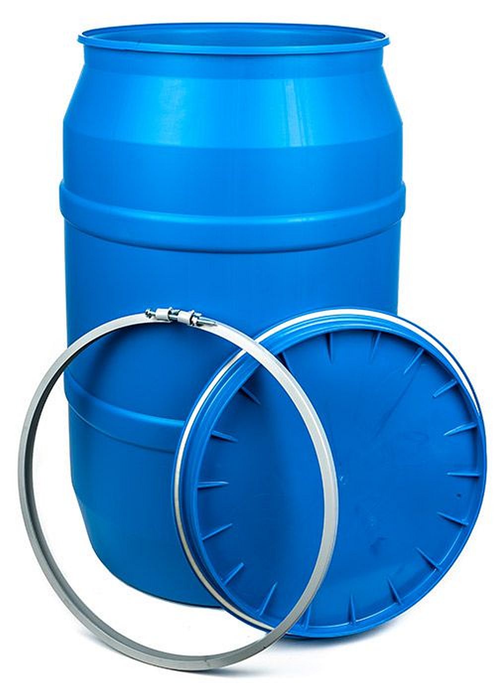 55 Gallon Blue Plastic Open Head Drum with Lever-Lock Lid, UN Rated