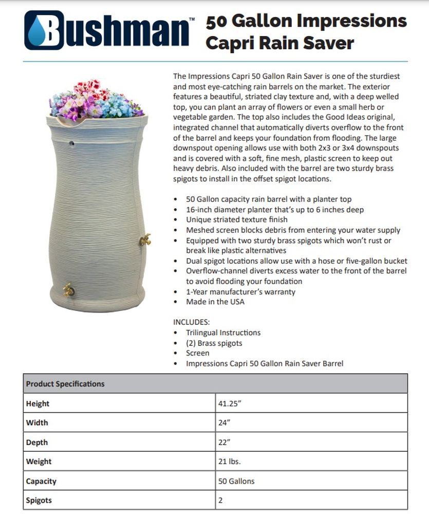 50 Gallon Impressions Capri Rain Saver Barrel Free Shipping!