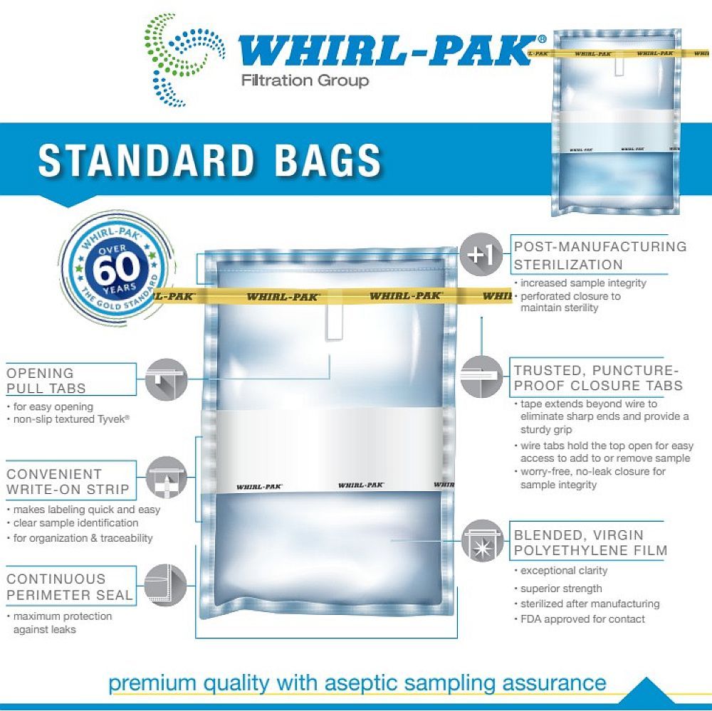 Sterile 69 oz Whirl-Pak® Sampling Bags with Secure Seal – 500 Pack
