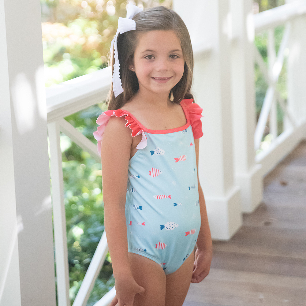 James & Lottie Girls Frances One Piece Bathing Suit - Blue Fish