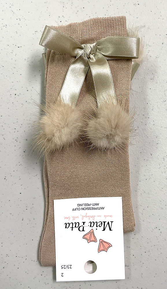 Meia Pata Girls Socks - Knee High - Satin Bow & Faux Fur Pom Poms ...