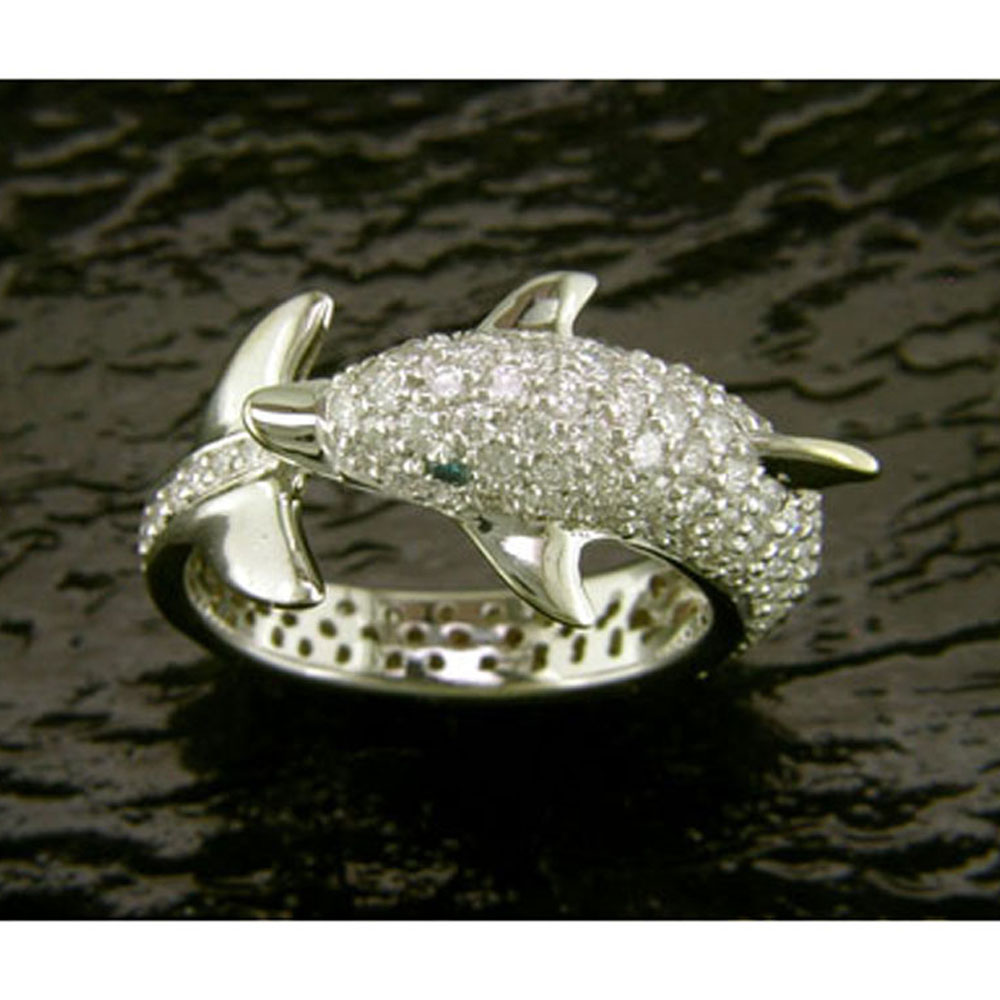 SD-F120W Dolphin with Blue Diamond Eyes Ring - 14K White...