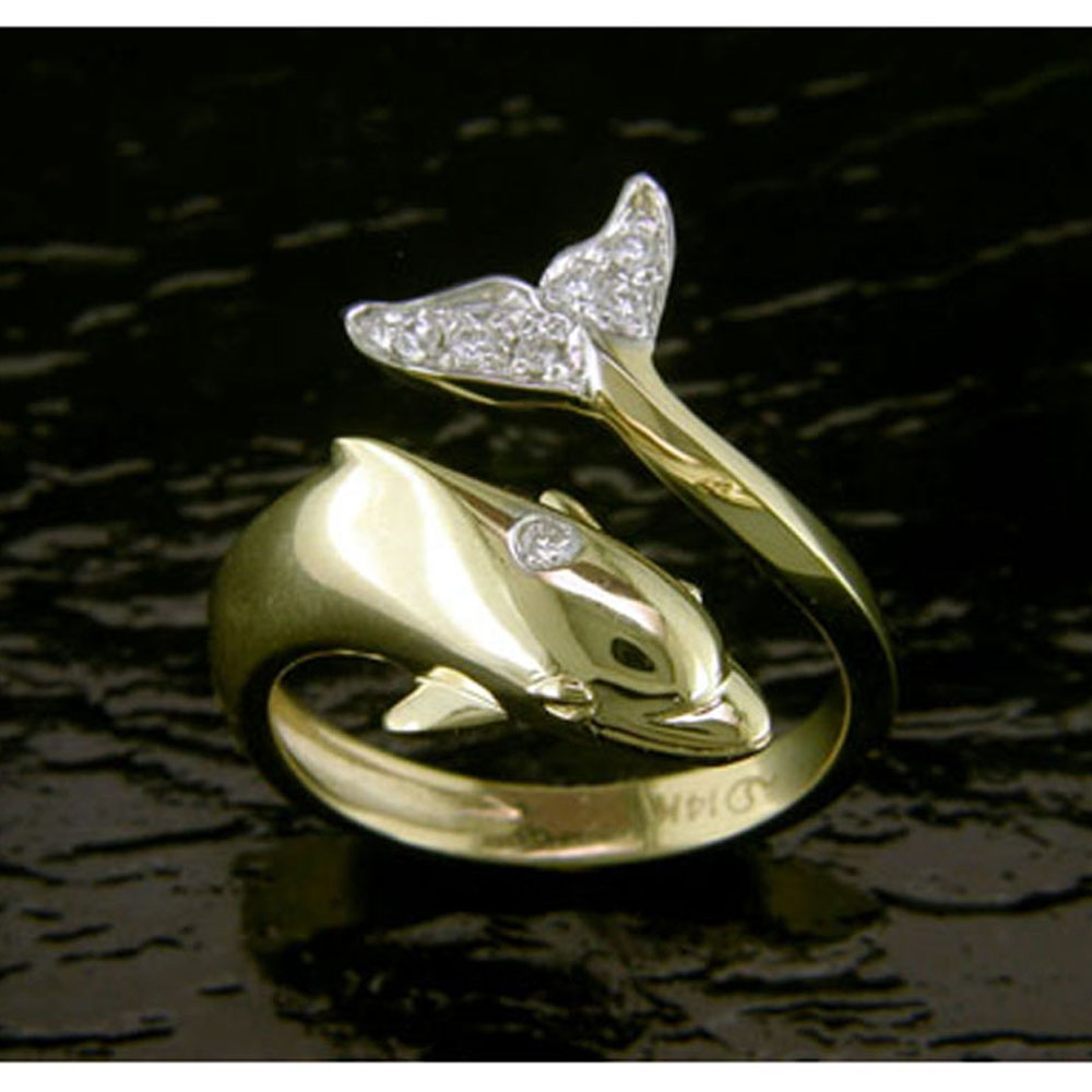 SD-F007D Wrap Around Style Dolphin Ring - 14K Gold