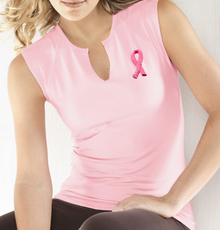 Breast Cancer Ladies Shirt Embroidered Ribbon Sleeveless Slit-V Tee ...