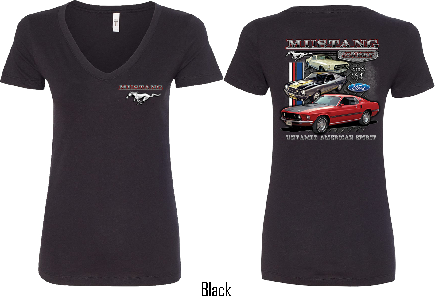 Ford Tee Mustangs Untamed (Front & Back) Ladies V-neck - Ford Mustangs Untamed Front & Back Shirts