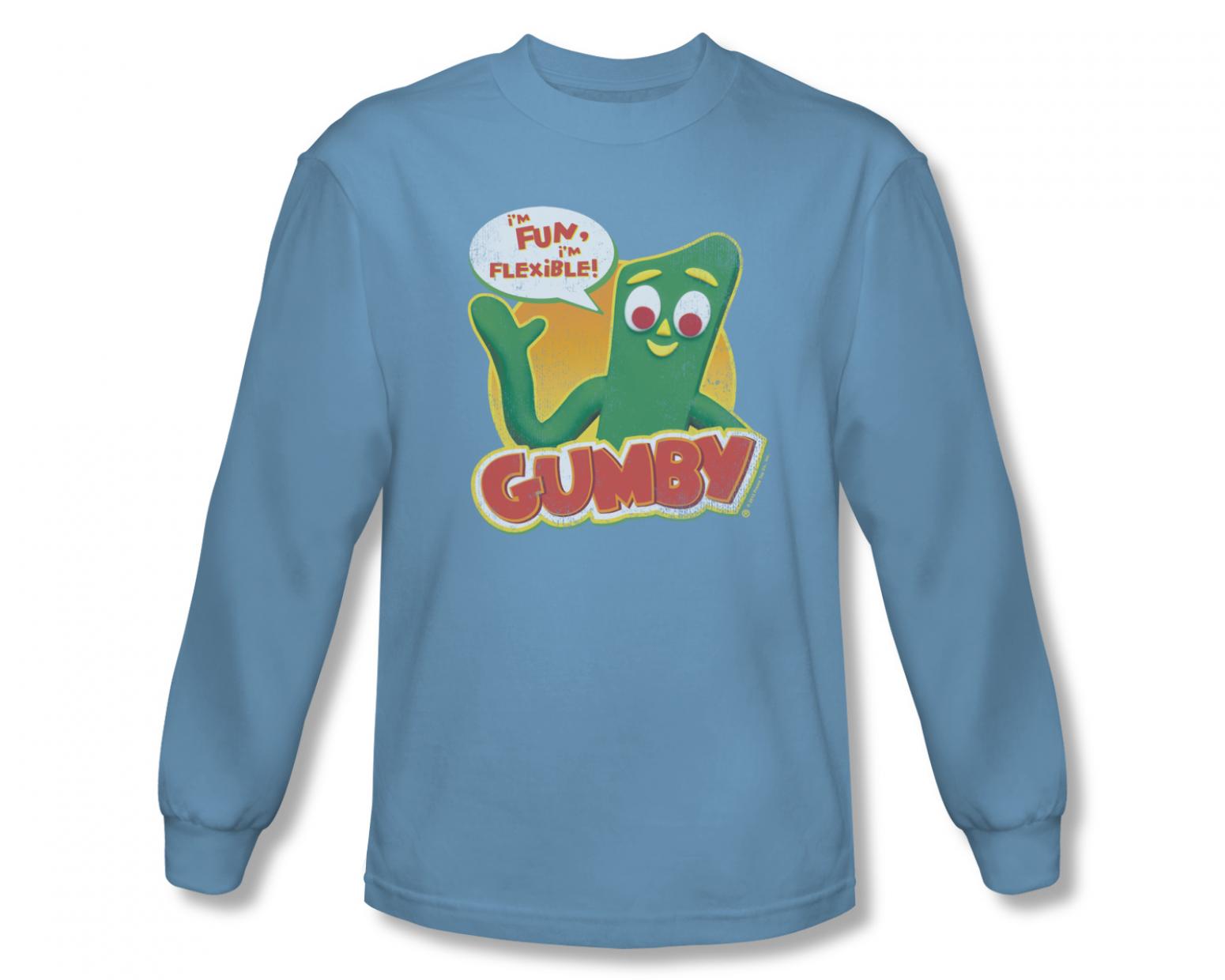 Gumby Shirt Flexible Long Sleeve Carolina Blue Tee T-Shirt - Gumby ...