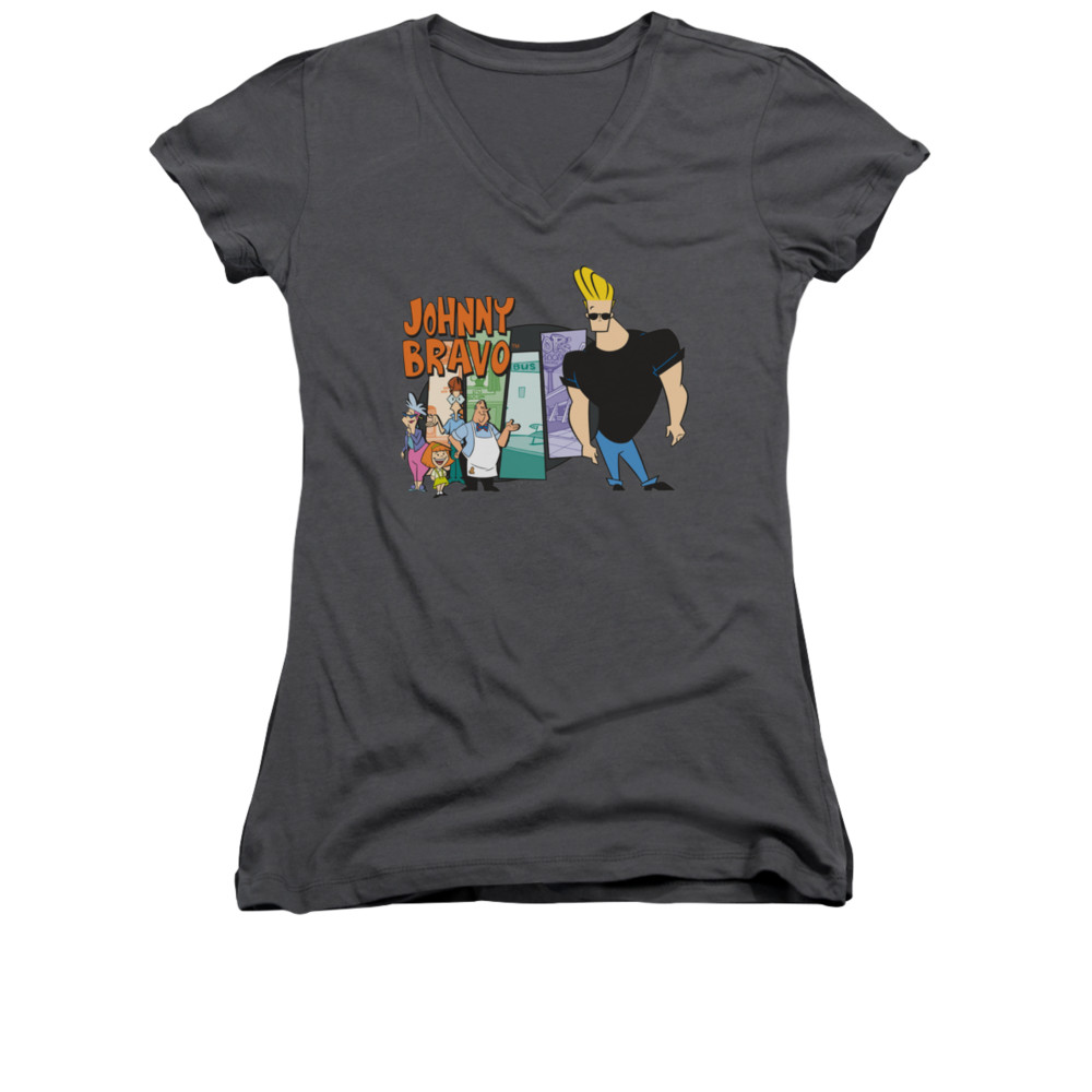 Johnny Bravo Shirt Juniors V Neck Johnny & Friends Charcoal Tee T-Shirt ...