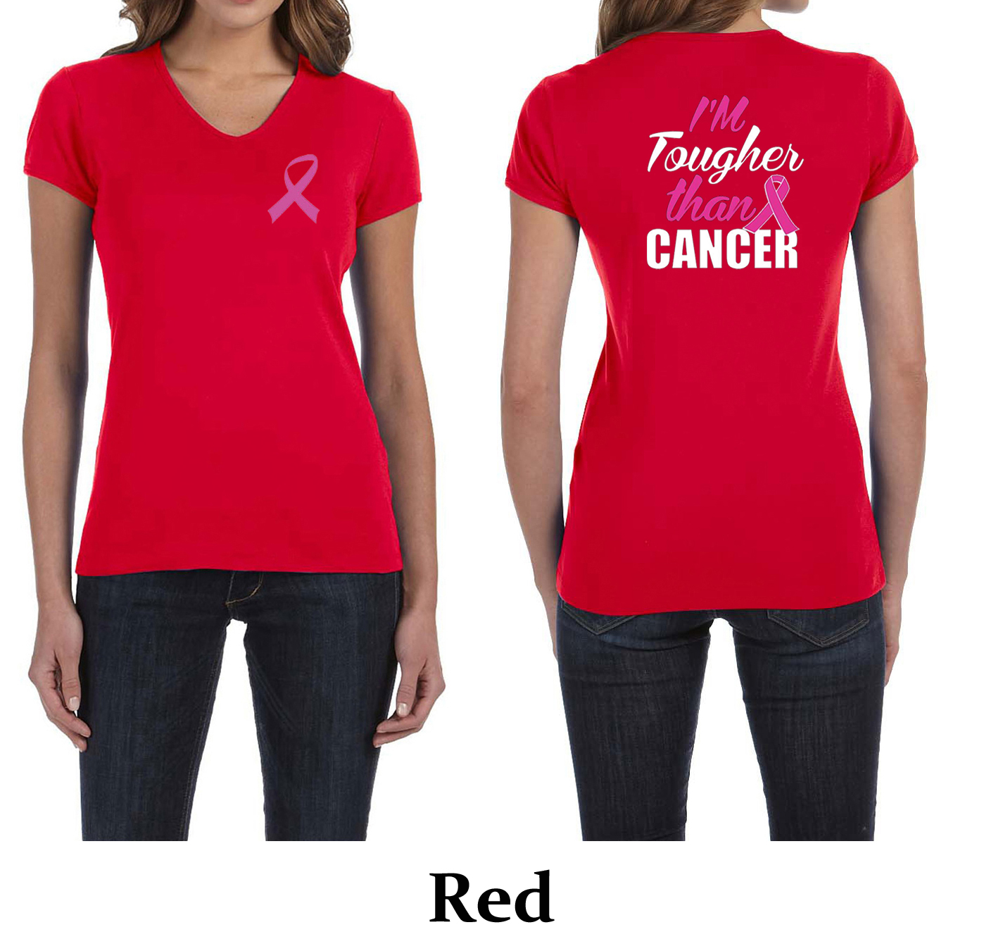 Ladies Shirt Pink Ribbon Tougher Front & Back Print V-neck Tee T-Shirt ...
