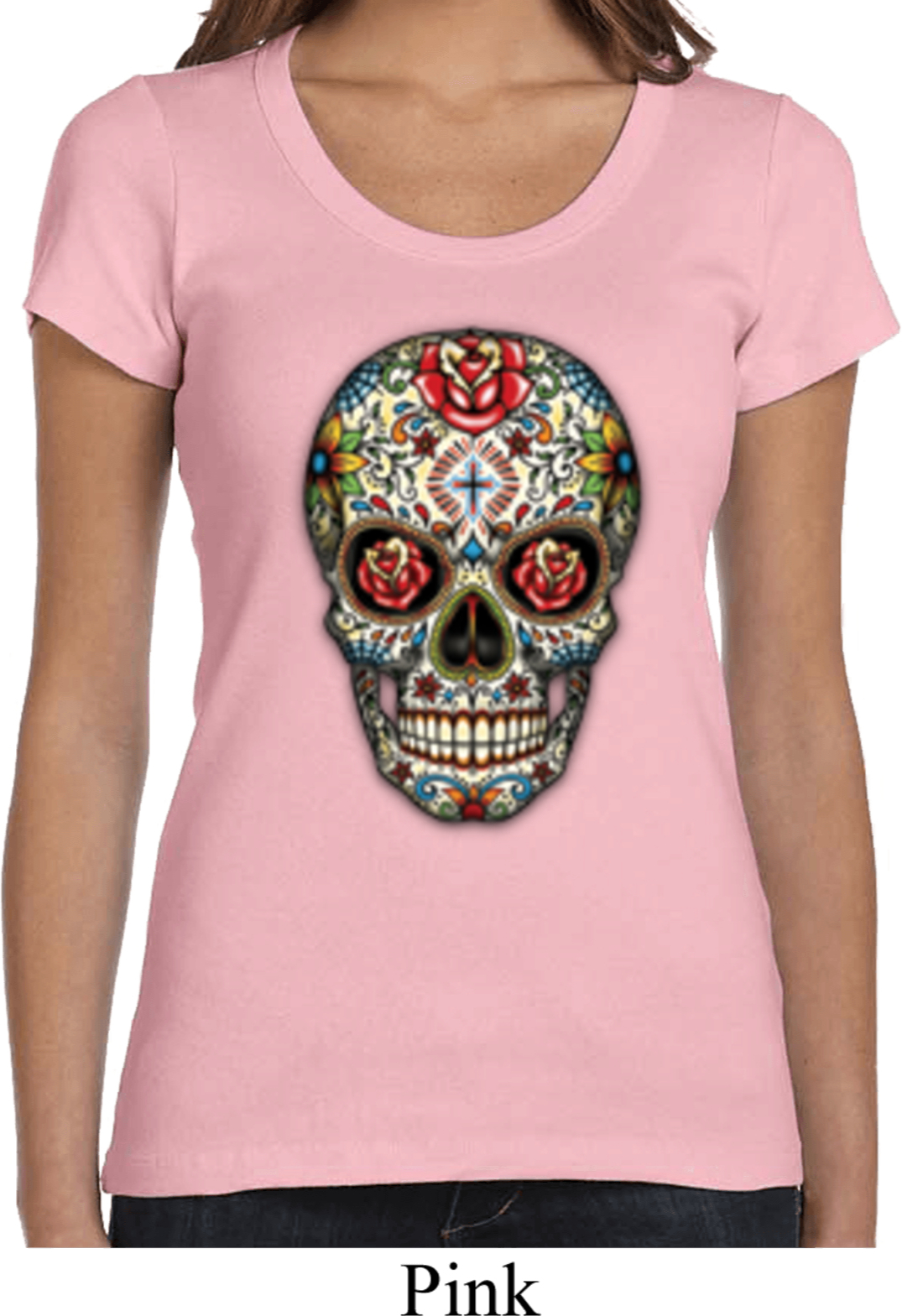 Ladies Skull Shirt Sugar Skull With Roses Scoop Neck Tee T Shirt