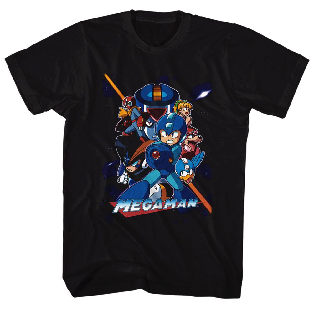 Mega Man Shirt Collage Orange Beam Black T-Shirt - Mega Man Shirts
