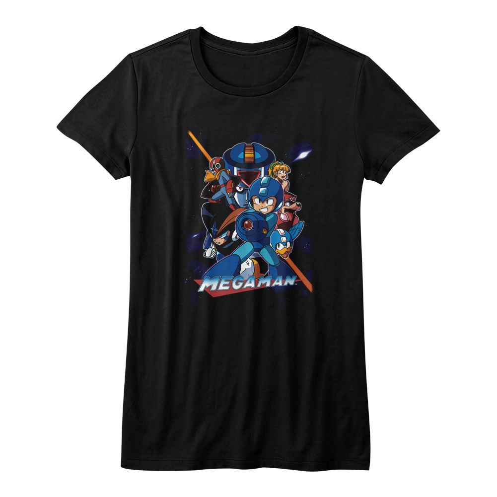 Mega Man Shirt Juniors Collage Orange Beam Black T-Shirt - Mega Man Shirts