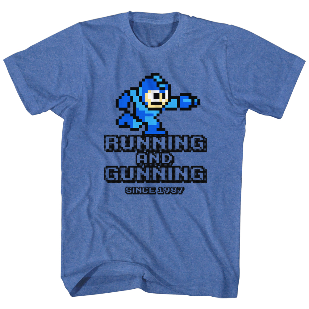 Mega Man Shirt Running And Gunning Blue Heather T-Shirt - Mega Man Shirts