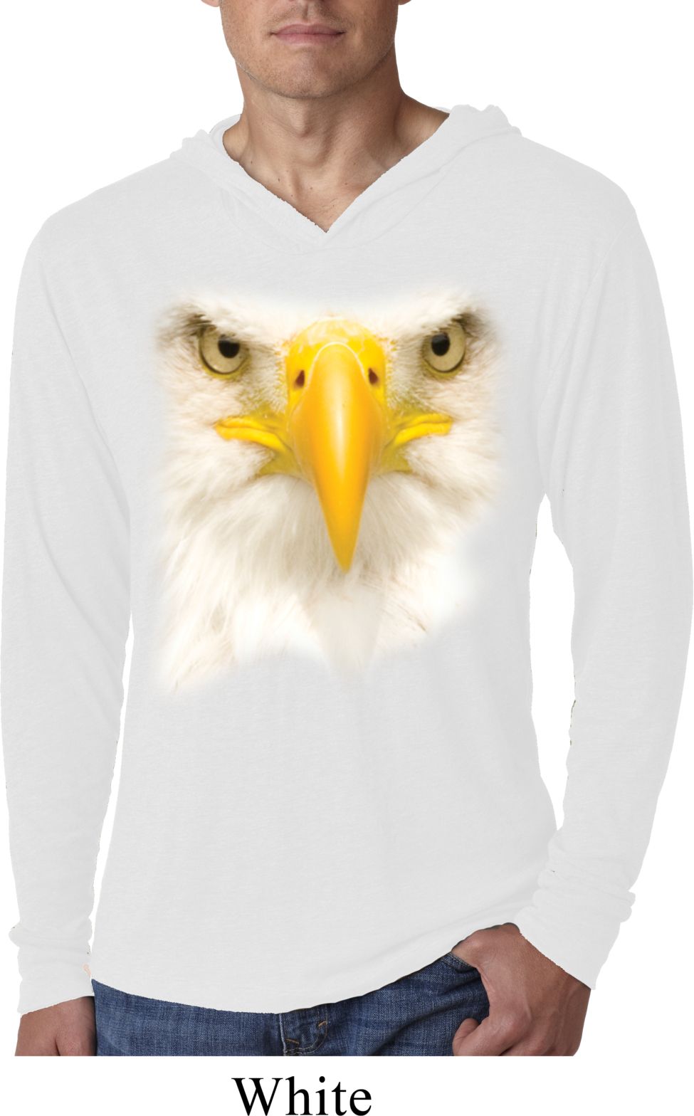 Mens Shirt Big Bald Eagle Face White Lightweight Hoodie Tee T-Shirt ...