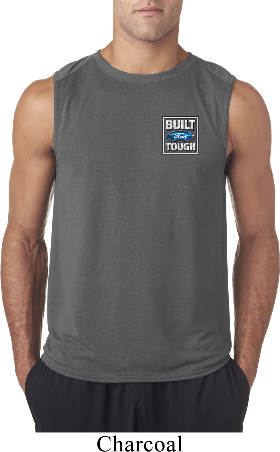 Mens Shirt Built Ford Tough Crest Pocket Print Sleeveless Tee T-Shirt ...