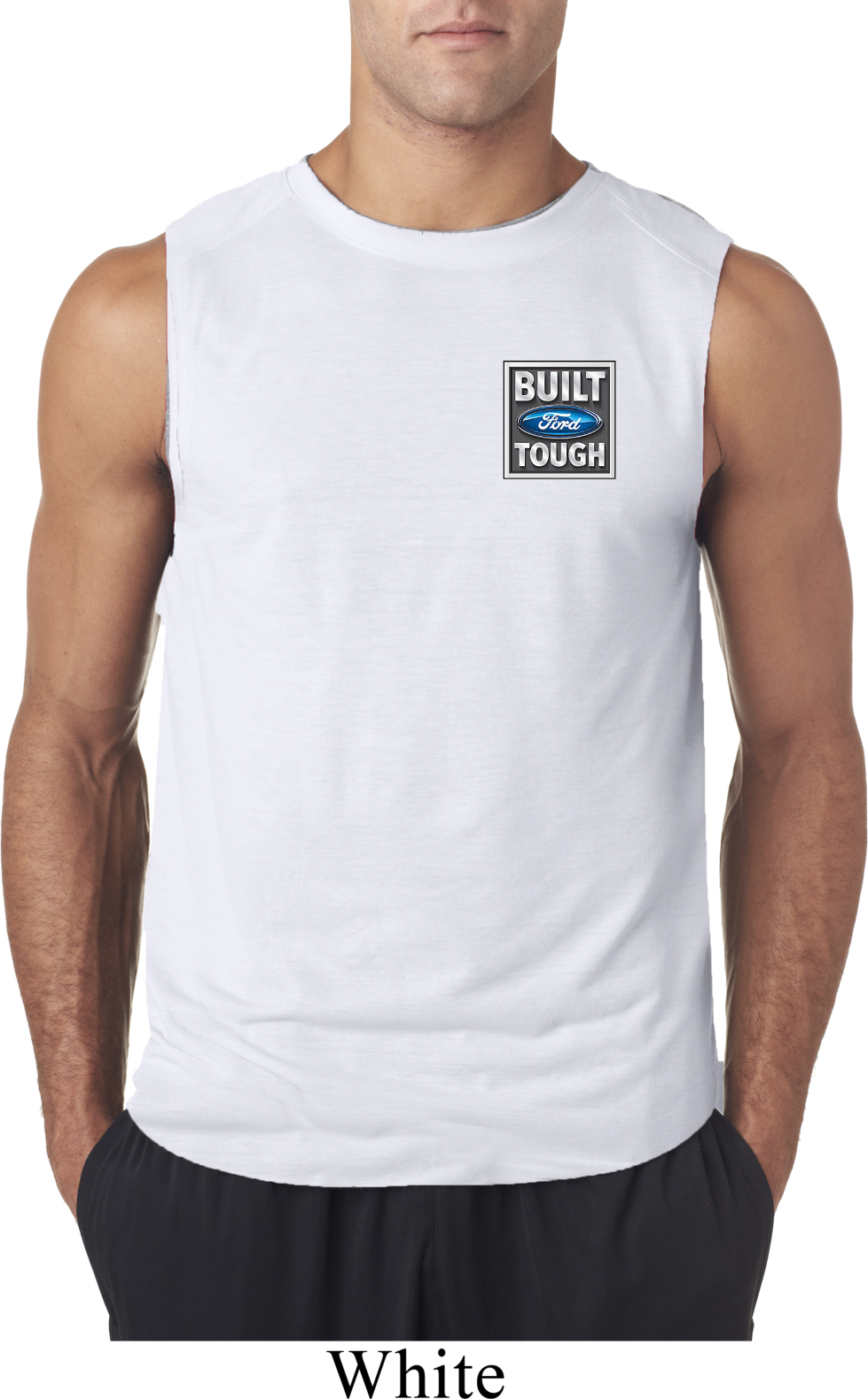 Mens Shirt Built Ford Tough Crest Pocket Print Sleeveless Tee T-Shirt ...