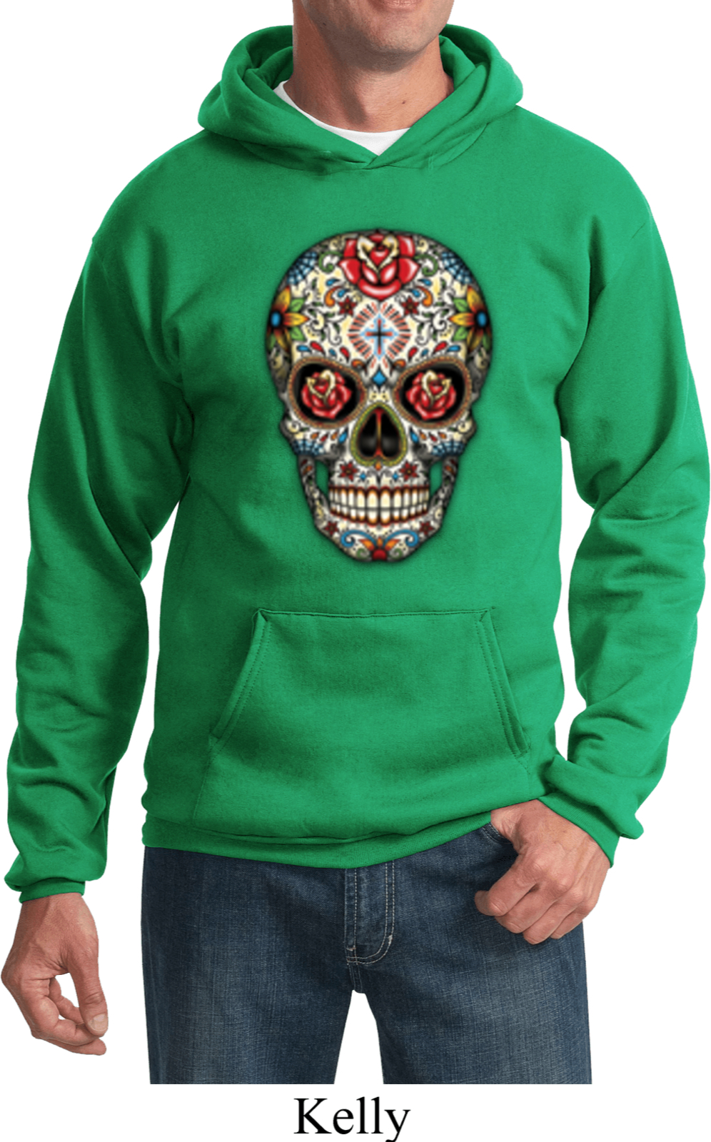 Mens Skull Hoodie Sugar Skull with Roses Hoody - Sugar Skull with Roses ...