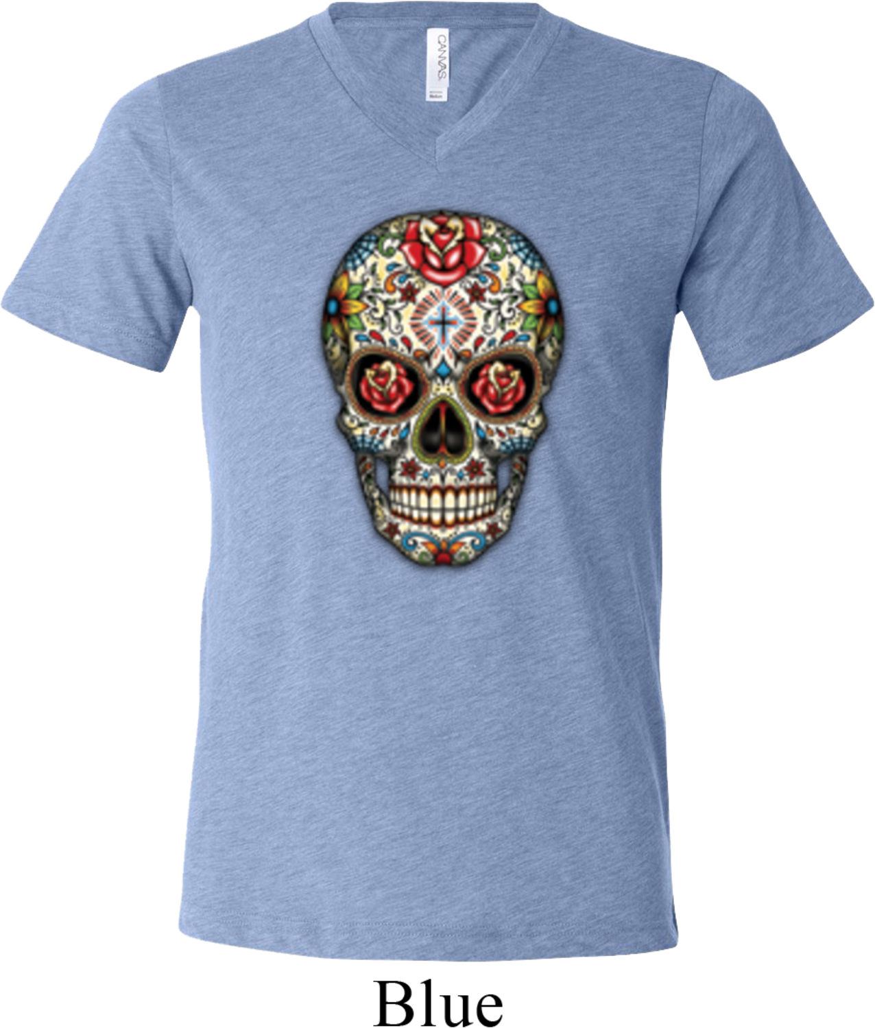 Mens Skull Shirt Sugar Skull with Roses Tri Blend V-neck Tee T-Shirt ...