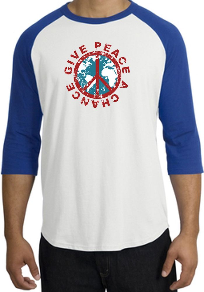 Peace Sign Shirt Give Peace A Chance Raglan T-Shirt White/Royal - Peace ...