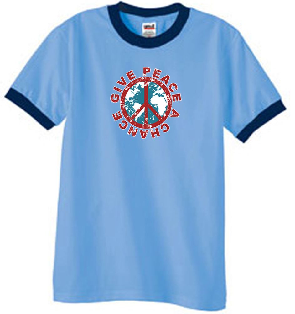 Peace Sign T-shirt Give Peace A Chance Ringer Tee Carolina Blue/Navy ...