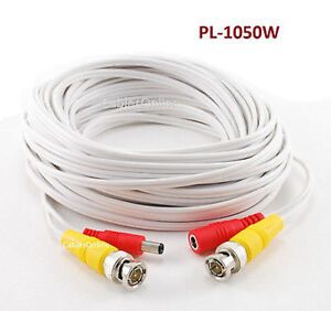 50ft White CCTV Security Camera M/F DC Power Cable w/ BNC Male Plugs