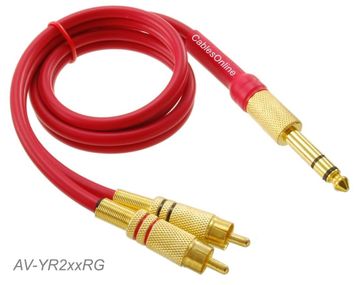 6ft Flexible 1/4" TRS Stereo Male to 2-RCA Left/Right Male Red Audio Cable