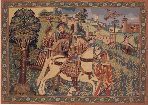 Falcon Hunt Medieval Tapestry - Hunting Scene, H34" x W44"