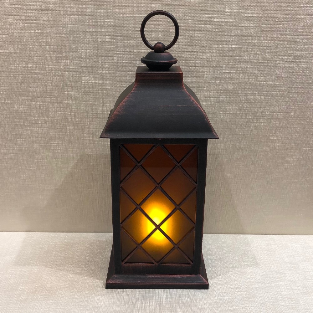 Battery Operated Lantern - Built-In Moving Flame - Black/Gold - 13in